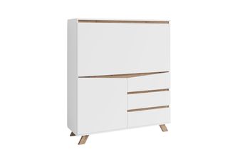 Byliving Sekret&auml;r Valentin/Sekret&auml;r matt wei&szlig; mit Absetzung in Eiche-Optik/Office-Schrank mit 1 T&uuml;r und 3 Schubk&auml;sten/Scandi-Style/Grifflos/B 120, H 127, T 38 
