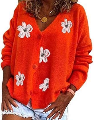 ORANDESIGNE D Rouge Femme Cardigan Manches Longues Mode Veste Courte Lâché Gilets en Tricot Imprimé Marguerites Chandail Chaud Imprimé damour Étoile Bouton Ouvert