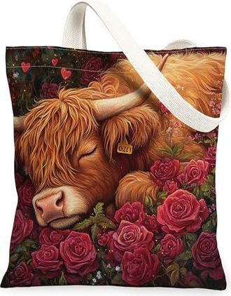 Generic Sac fourre-tout en toile motif vache Highland pour faire du shopping, 33 x 38,1 cm, sac d&eacute;picerie r&eacute;utilisable pour la Saint-Valentin, motif roses rom