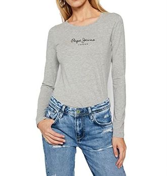 Pepe Jeans London New Virginia T-shirt pour Femme Slim Fit Manches Longues Gris