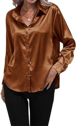 Generic Chemisier en satin élégant à manches longues pour femme - Tunique de travail décontractée - Tunique de travail boutonnée pour lautomne, marron foncé, 