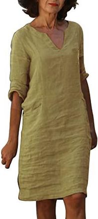 Generic Robe Droite Femme Sexy- Robe Coton et Lin,Robe Mi-Longue Femme Col en V Couleurs Unies Robes Ample D&eacute;contract&eacute;es Grande Taille Simple &Eacute;l&eacute;gant Chic Cla