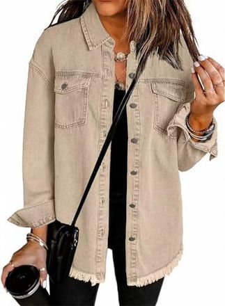 Generic Veste d&eacute;contract&eacute;e en jean boutonn&eacute;e pour femme, manches longues, ourlet effiloch&eacute;, veste en jean avec poches, kaki, M