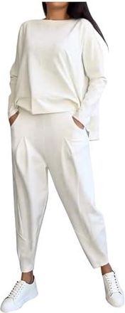 Generic Ensemble de surv&ecirc;tement 2 pi&egrave;ces pour femme - Pull d&eacute;contract&eacute; &agrave; manches longues et pantalon &agrave; poches - Ensemble assorti, blanc, XXL