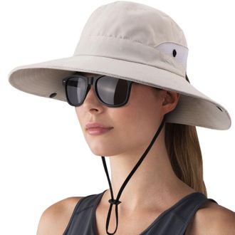 Dreshow Damen Sonnenhut Outdoor UV-Schutz Hut Faltbar Mesh Breite Krempe Angeln Pferdeschwanz Strand Eimer Hüte mit Sonnenbrille