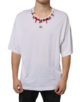 Dolce & Gabbana Mens White Cotton Necklace Embellished T-Shirt