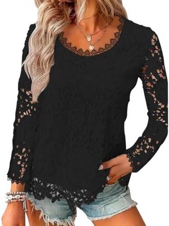 TOMWELL Femme Tee Shirt Dentelle Couleur Unie Manches Longues Loisirs Dété Chemisier en Dentelle Blouse Décontracté en Dentelle Tops Chemisiers A Noir XXL
