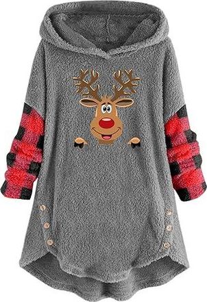 Generic Veste polaire sherpa pour femme - Imprimé de Noël - Manches longues - Pull à capuche ample avec boutons - Vêtement dextérieur pelucheux pour cadeaux d