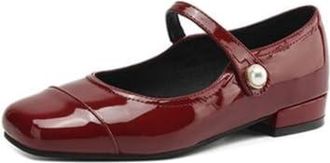 Generic Ballerines Mary Jane Femme Cuir Verni Boucle Perle Bout Carré Talons Bas Épais Slip on Chaussures Casual Robe Fête Bureau,Wine Red,42.5 EU