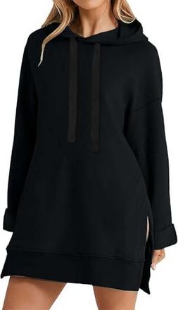 Generic V&ecirc;tements tendance pour femme, sweat &agrave; capuche, robe &agrave; capuche longueur genou, pull long, hauts fendus &agrave; capuche pour lautomne et lhiver, pull en pelu