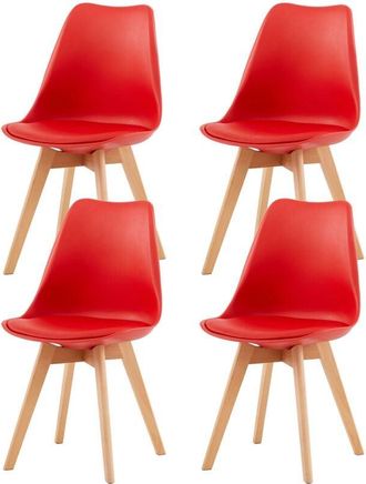 Eggree Lot de 4 Chaise de salle &agrave; manger, Cuisine R&eacute;tro Rembourr&eacute;e Chaise de Salle de Bureau, Pieds en Bois de H&ecirc;tre Massif--Rouge