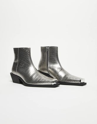 Asos Chelsea-Stiefel mit kubanischem Absatz in silberner Kroko-Optik