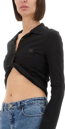 Courr&egrave;ges Cropped Cotton Polo Shirt - Black