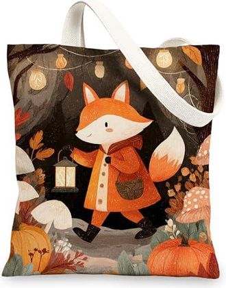 Generic Sacs fourre-tout en toile avec motif renard mignon - Réutilisables - Légers et lavables - Pour salle de sport, voyage, plage, pique-nique - 33 x 38 cm