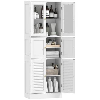 HOMCOM Großer schlanker Badezimmerschrank mit 3 Griffen, platzsparender Badezimmerschrank mit magnetischen Glastüren, mit Rollladen und verstellbaren Einlege