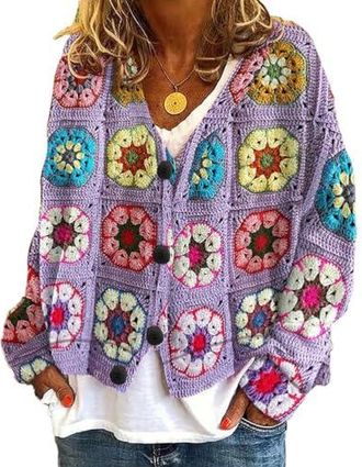 Onsoyours Gilets en Tricot Imprimé Femme Veste Courte Casual Cardigan Coupe Ample À Manches Longues Gilet Chaud avec Boutons Sweater Manteau Outwear Haut Top Ch