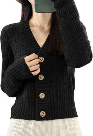 Generic Cardigan dhiver en cachemire pour femme, col en V, couleur unie, haut ample, manches longues, col en V, boutonn&eacute;, Noir/blanc, XL