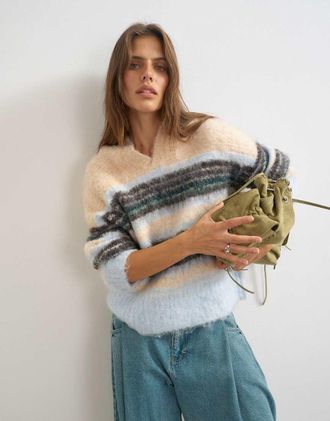 Topshop pull en laine &agrave; rayures, col V haut, maille duveteuse, multicolore neutre