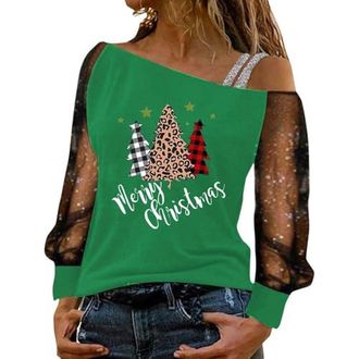 Generic T-Shirt Femme à Manches Longues et épaules dénudées | Blouse élégante en Dentelle Stretch pour Un Casual Quotidien (Green, XXL)