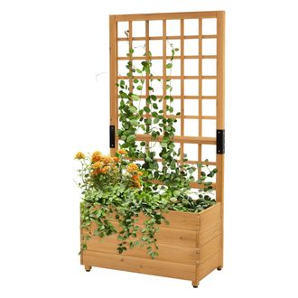 ML Design ML-Design Pflanzkasten mit Rankgitter, 67,5&times;139&times;36,5 cm, Braun, Pflanzk&uuml;bel Blumenk&uuml;bel mit Spalier, Gartenspalier Massivholz f&uuml;r Kletterpflanzen, Blu