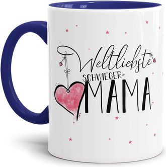 Tassendruck Tasse mit Spruch für die Weltliebste Schwiegermama - Kaffeetasse/Familie/Geschenk-Idee/Mug/Cup/Innen & Henkel Dunkelblau