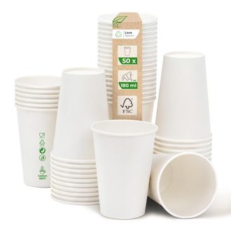 Love Nature Pappbecher Wei&szlig; 180 ml 7 oz - Kaffeebecher 50 St&uuml;ck - Coffee to go Becher - Einwegbecher zum Servieren von Kaffee, Tee, hei&szlig;en und kalten Getr&auml;nken