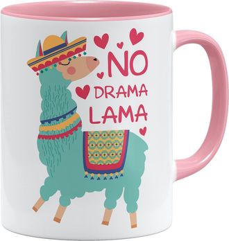OM3 No Drama Lama Tasse mit Spruch Motiv Alpaka - Keramik Becher - 11oz 325ml - Beidseitig Bedruckt - Rosa