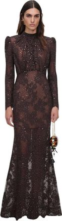 Self Portrait Robe Longue &agrave; Sequins et &Eacute;paules D&eacute;nud&eacute;es - Femme - Robes - Brun - Taille: 34 FR