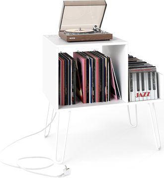 Giantex GOPLUS Beistelltisch mit Ladeger&auml;t, Plattenspielerst&auml;nder mit Abnehmbarer Trennwand, offenes Regal & robuste Metallbeine, Schallplattenhalter f&uuml;r Schl