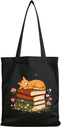 Generic Book Lovers Sac fourre-tout en toile Noir avec motif chat orange endormi Motif floral