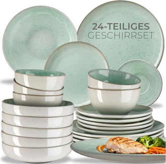 TecTake 24-teiliges Tafelservice 6 Personen, Steingut Geschirrset 6 Personen, handgefertigtes Teller Set mit Sch&uuml;sseln, Geschirr Set sp&uuml;lmaschinen- und mikrow