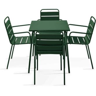 Oviala Ensemble table de jardin carr&eacute;e et 4 fauteuils acier 70 cm vert for&ecirc;t - Palavas