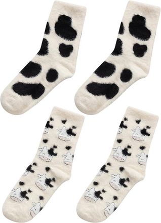 Valiclud Baumwollk&uuml;he Print Socken: 2 Paare Neuheit Niedliche Tierkuh Bedruckte Baumwollsocken Verdicken Warm Pl&uuml;sch Socken Pelzige K&uuml;he R&ouml;hre Socks Kleid Zube