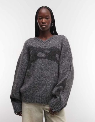 Weekday pull col V en m&eacute;lange de laine avec motif jacquard ton sur ton gris