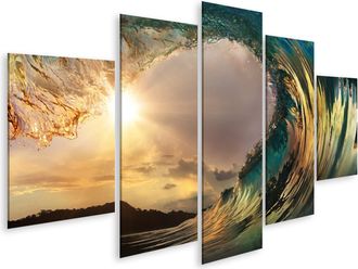 Islandburner Bild Bilder auf Leinwand Wundersch&ouml;ne Meeres-Surfwelle am Strand bei Sonnenuntergang Wandbild Poster Leinwandbild RUL