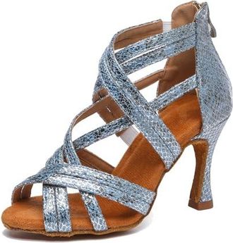 Minitoo Chaussures de danse latine sexy pour femme - Avec lanières - Pour le soir, L538 Bleu Talon 9 cm, 43.5 EU