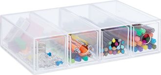 Relaxdays Schubladenbox Kunststoff, HxBxT: 6 x 25 x 17,5 cm, Hoch- & Querformat, Schubladenelement 4 Fächer, transparent