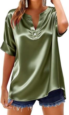 Generic Haut &agrave; manches courtes pour femme - Chemisier ample en satin pour femme - Chemisier habill&eacute; &agrave; manches courtes et col en V - &Eacute;paules tombantes - L&eacute;ger 