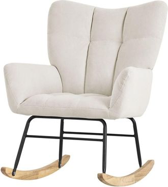 ML Design Fauteuil &agrave; Bascule Beige, avec Housse en Tissu &Eacute;ponge, Structure en Acier, Pieds en Bois Naturel, Chaise de Relax, Fauteuil de Relaxation Oscillant