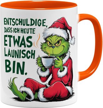OM3 lustige Anti Weihnachten Kaffee-Tasse mit Spruch - Entschuldigung, dass ich so launisch bin - Keramik Becher - 325ml - Beidseitig Bedruckt - Orange