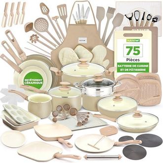 Nutrichef NutriChef Batterie de Cuisine 75 Pi&egrave;ces - Casseroles Antiadh&eacute;sives, Ustensiles, Couteaux & Accessoires - Anti-Taches, S&eacute;curit&eacute; Alimentaire - Cr&egrave;me/Mar