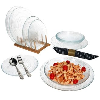 MamboCat Oxy 12tlg Tellerset Glas I 4x Speiseteller, 4x Suppenteller 300ml x 4x Dessertteller I Geschirr f&uuml;r 4 Personen I klares Glas mit modernem Wirbel-Dekor