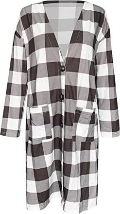 Generic 2026 Vestes pour femmes d&eacute;contract&eacute;es col en V boutonn&eacute; longue chemise &agrave; carreaux veste manteau, marron, M