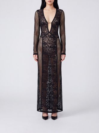 Elisabetta Franchi Robe fourreau longue en dentelle avec d&eacute;collet&eacute; en V