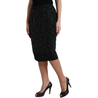 Dolce & Gabbana Womens Black Crystal Handmade Knee Pencil Skirt