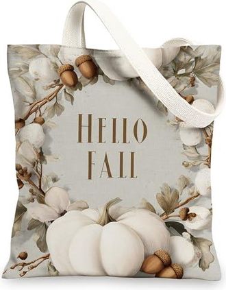 Generic Sacs fourre-tout en toile dautomne, sacs dépicerie réutilisables, vintage légers et lavables avec bandoulière en toile Ba, Beige, 13x15 Inch