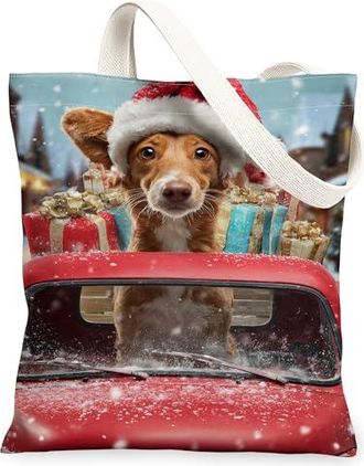 Generic Sac fourre-tout en toile pour chien, imprim&eacute; animal mignon, sacs de courses r&eacute;utilisables, th&egrave;me festif, l&eacute;ger, lavable &agrave; l&eacute;paule pour Tra, Rouge, 13x