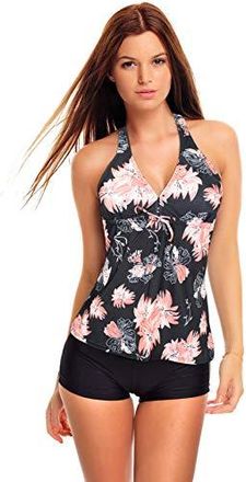 Octopus F5539 Ensemble tankini dos nu pour femme avec short 2 pi&egrave;ces, Noir fleuri A(1448)-HP1(sw), 50