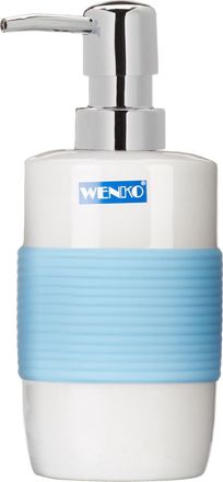 WENKO 21675100 Seifenspender, Keramik, 9 x 17,3 x 7,5 cm, weiß/Bahia blau