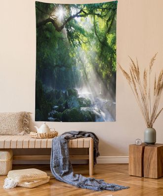 Abakuhaus Regenwald Wandteppich, Stream in The Jungle Stones Under Shadows of Trees Sun Rays Mother Earth Theme, aus Weiches Mikrofaser Stoff Wand Dekoration Fü